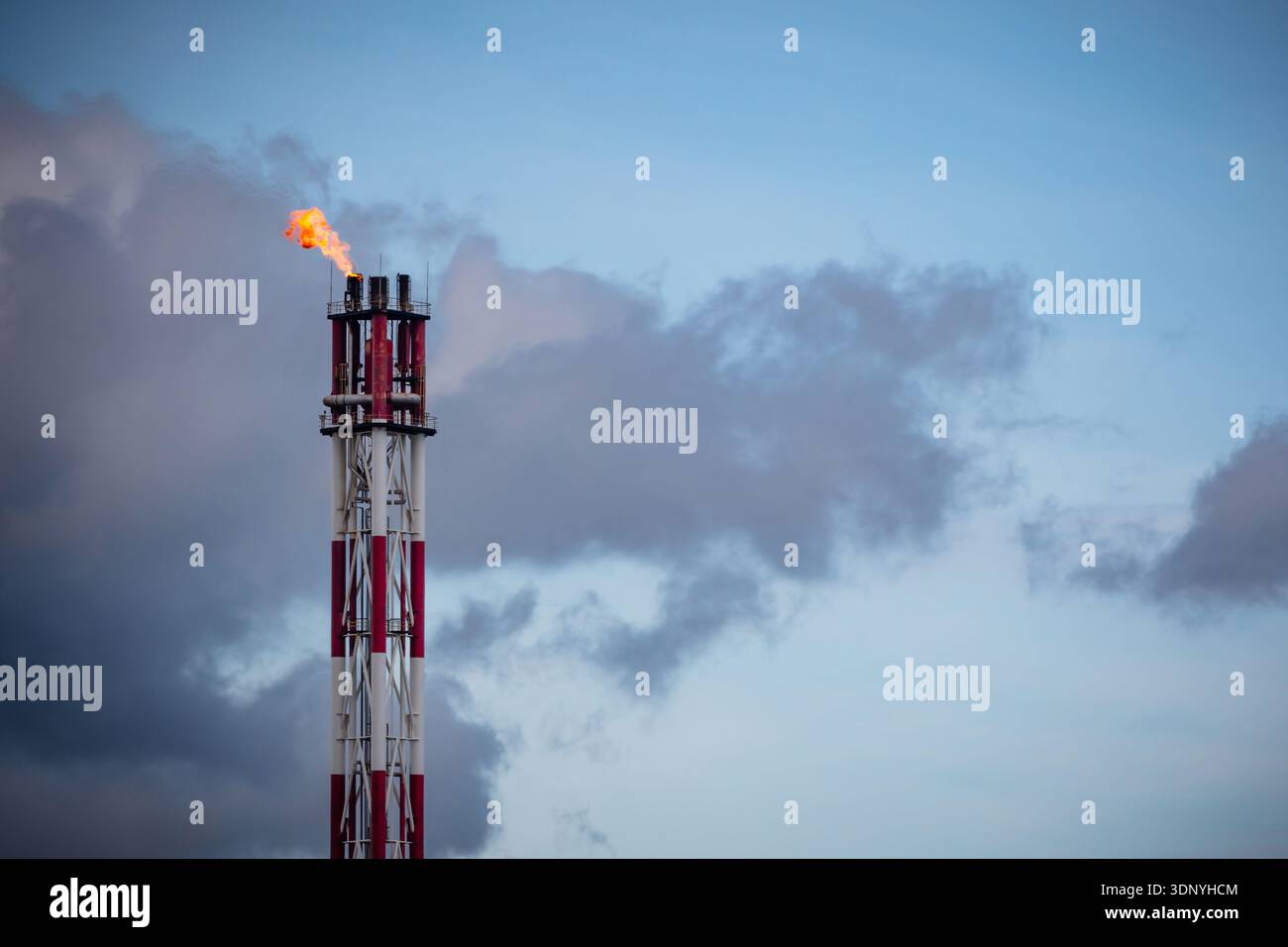 Fire on flare stack pipe oil and gas central processing platform while ...