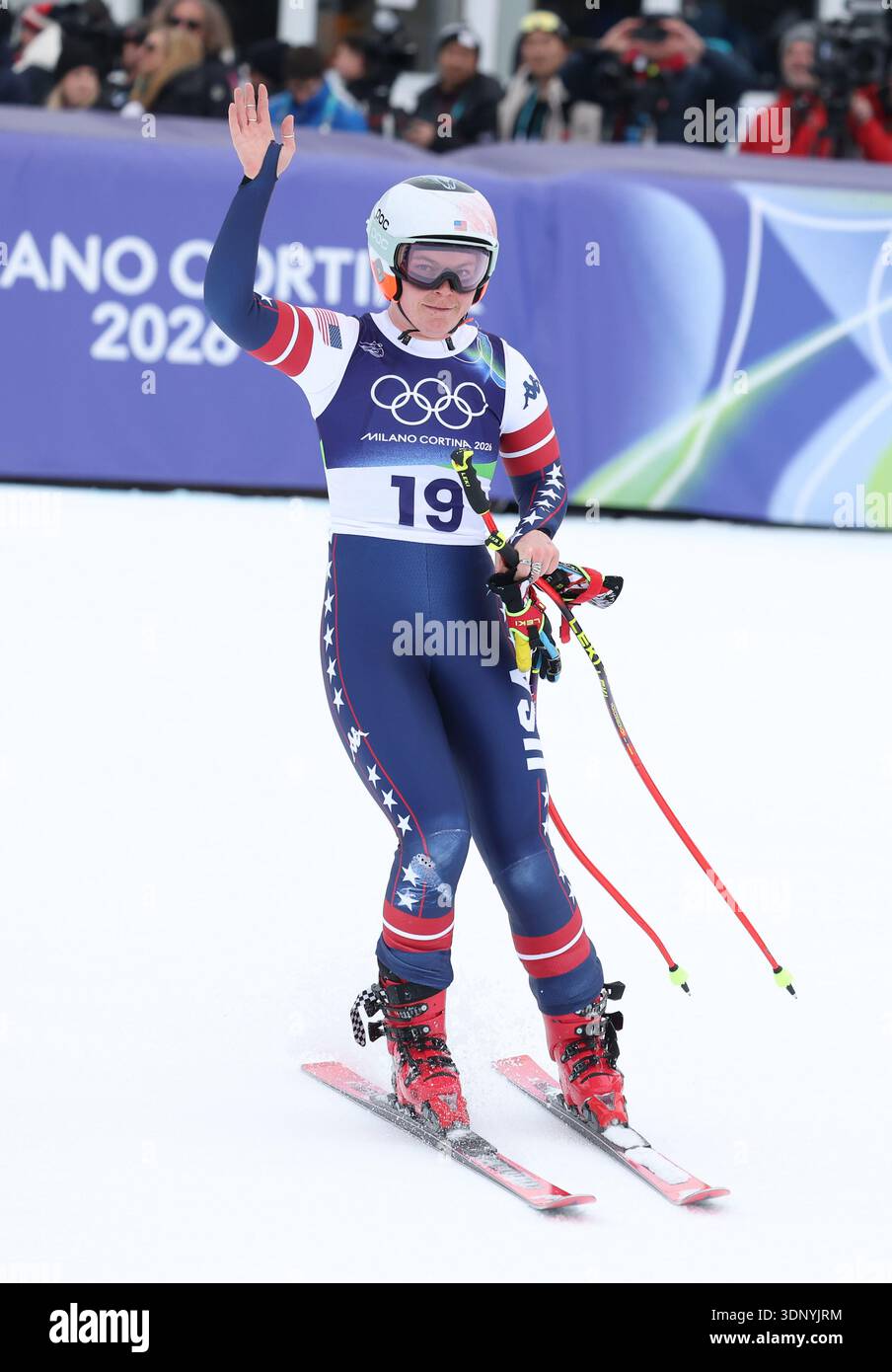 USA's Breezy Johnson waves to her supporters after not finishing in the ...