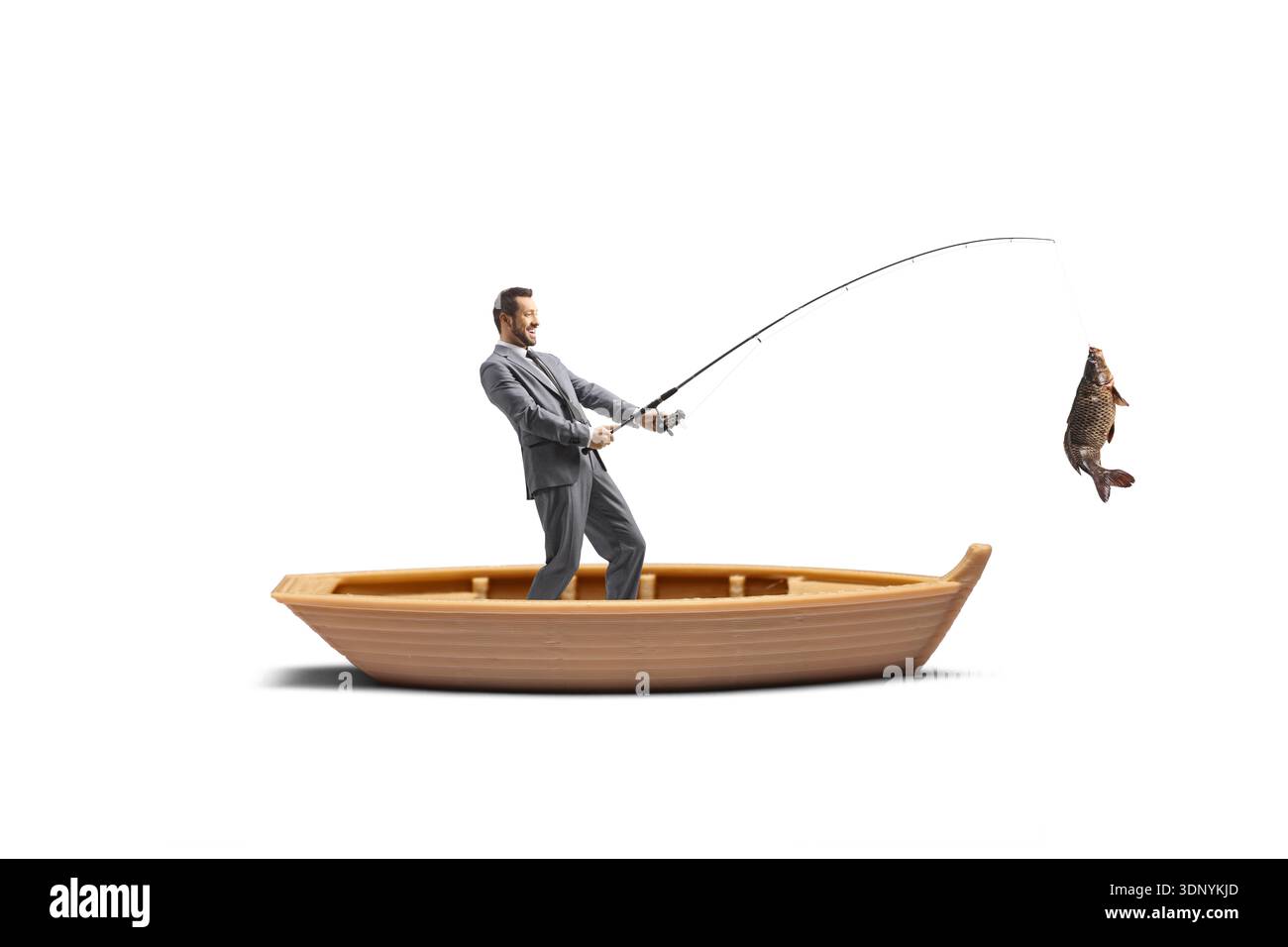 Businessman standing inside a boot and catching fish isolated on white ...