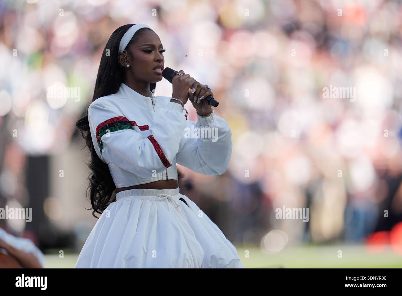 Coco Jones performs "Lift Every Voice and Sing" before the NFL Super ...