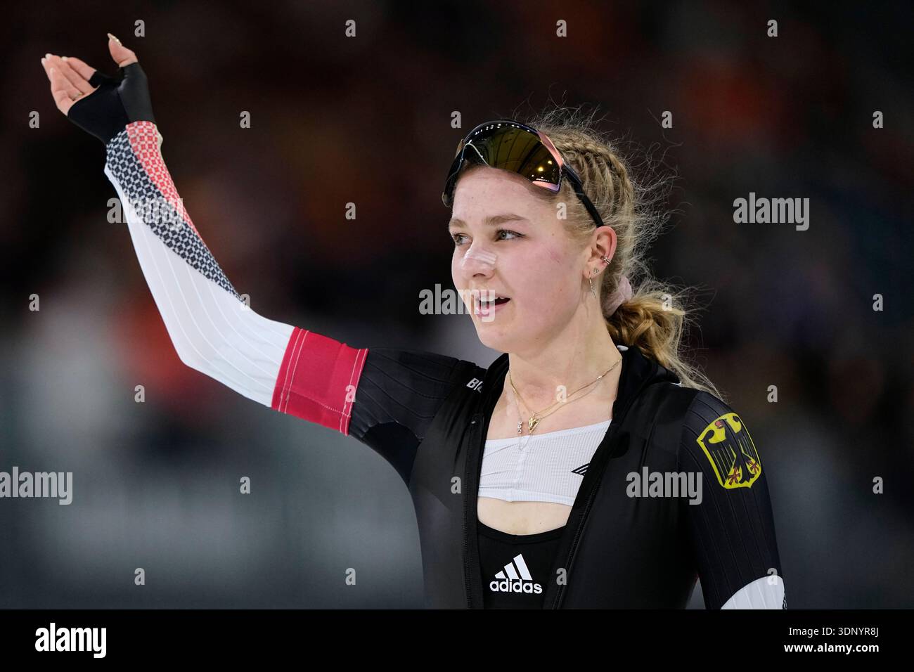 Maira Jasch of Germany greets fans after competing in the women's 5,000 ...