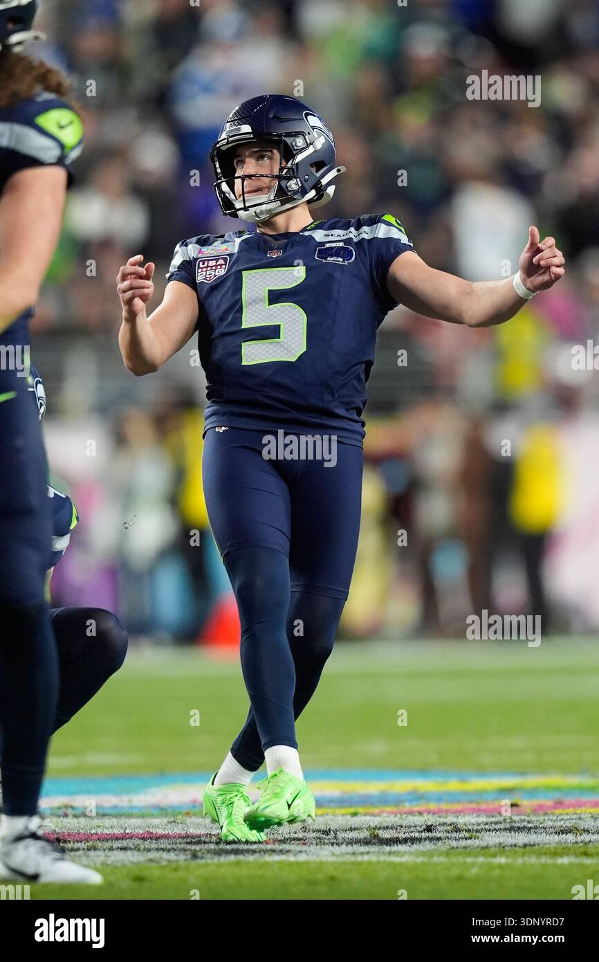Seattle Seahawks kicker Jason Myers (5) follows through on his kick ...