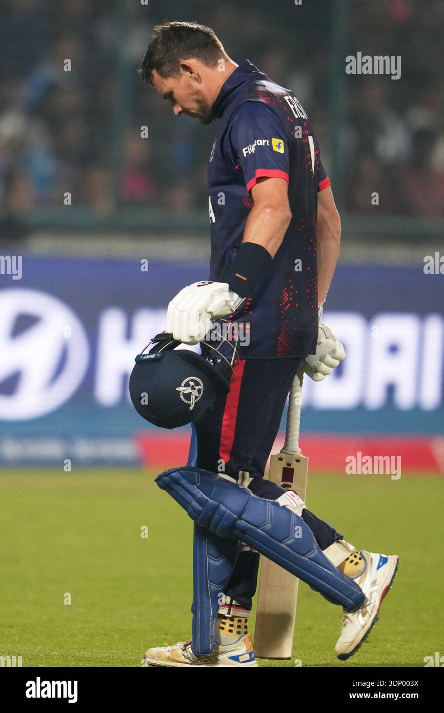Namibia's captain Gerhard Erasmus leaves the ground after losing his ...