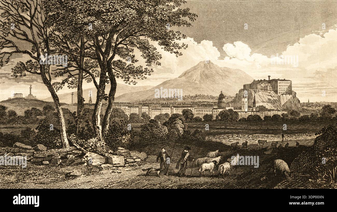 Idyllic landscape with the City and Edinburgh Castle, shepherd with his ...