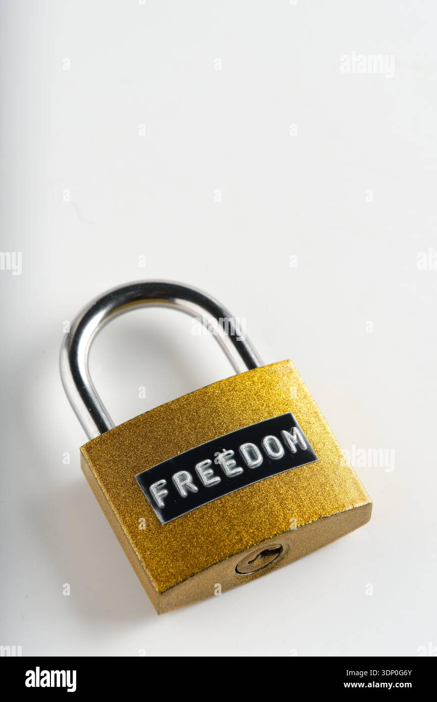 Golden FREEDOM lock at an angle, emphasizing reliability, metallic ...