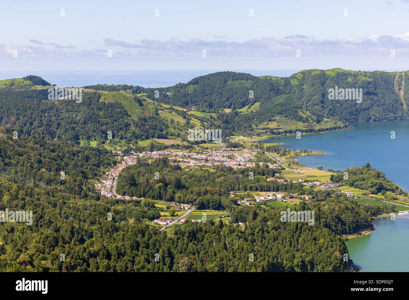 Aerial view of the Parish on the shore of Lake Sete Cidades (Lagoa das ...