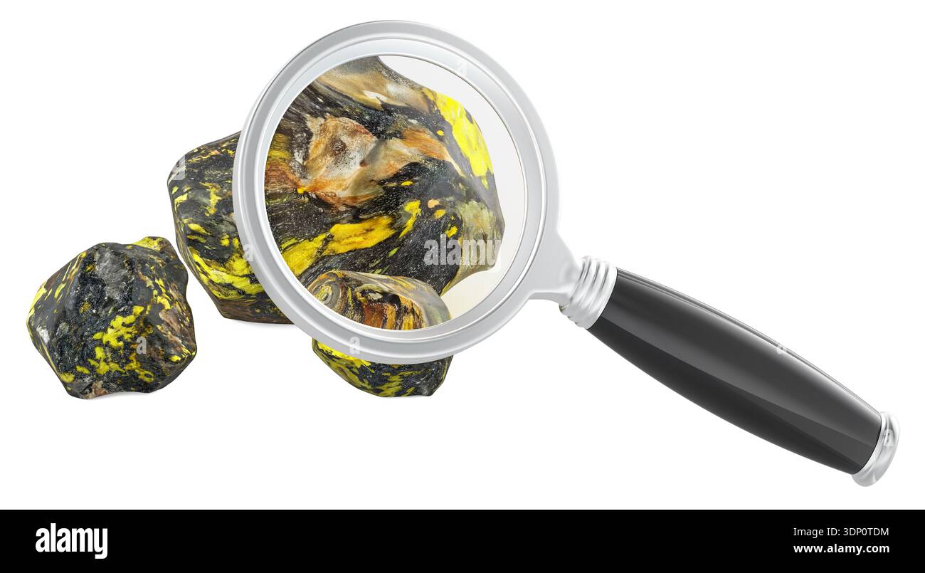 Uranium ore rocks under magnifying glass. 3D rendering isolated on ...