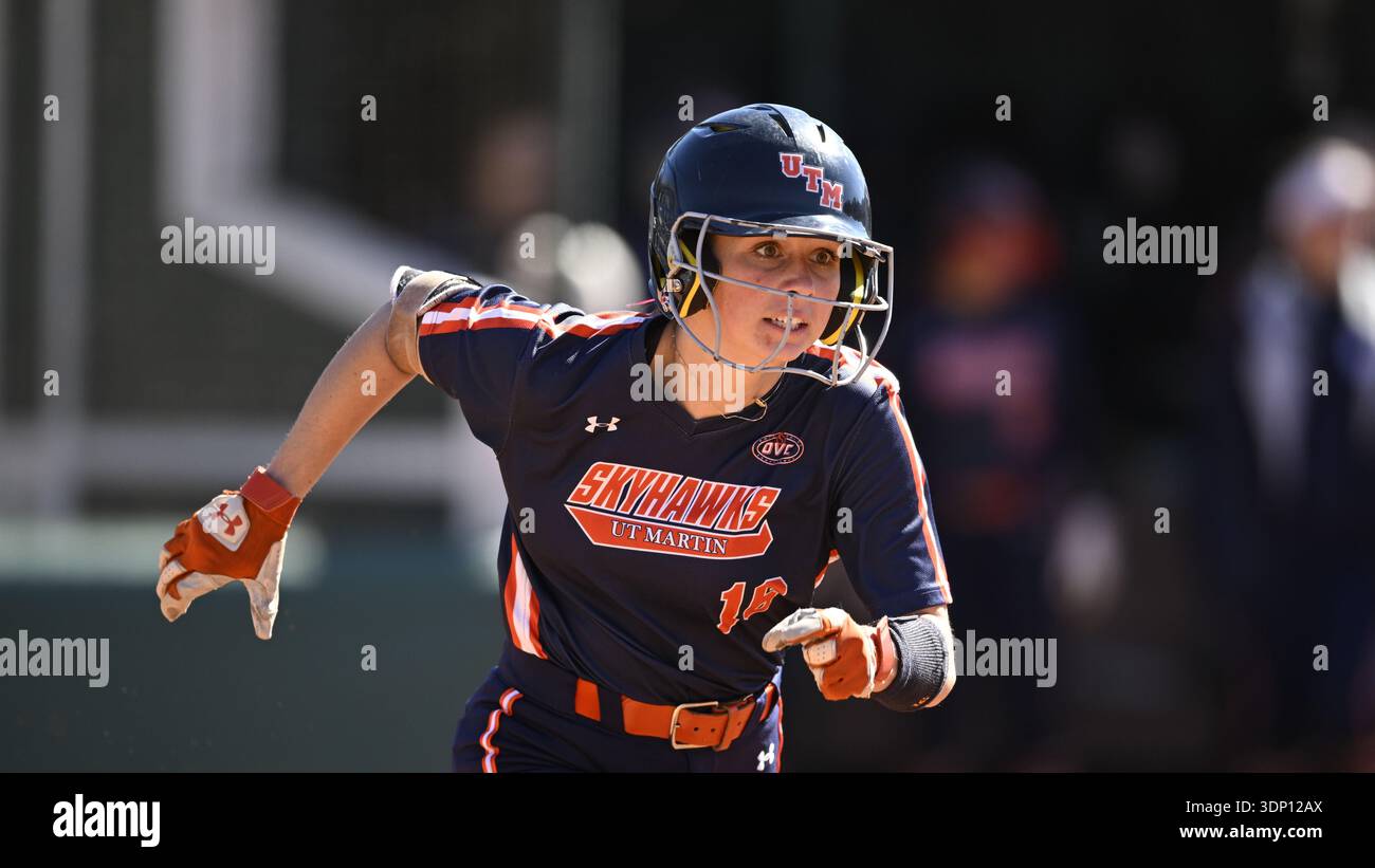 UT Martin's Carly Ward (16) runs to first base during an NCAA softball ...