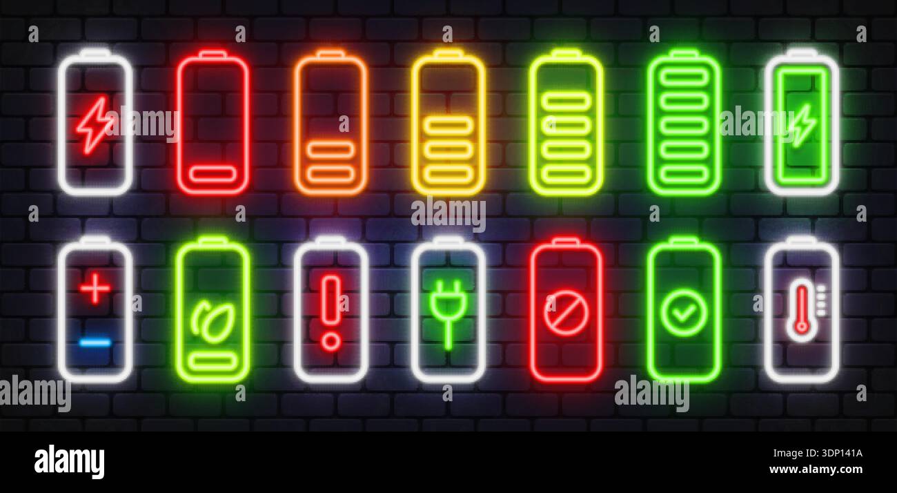 Neon vector collection of battery charge indicators with various status ...