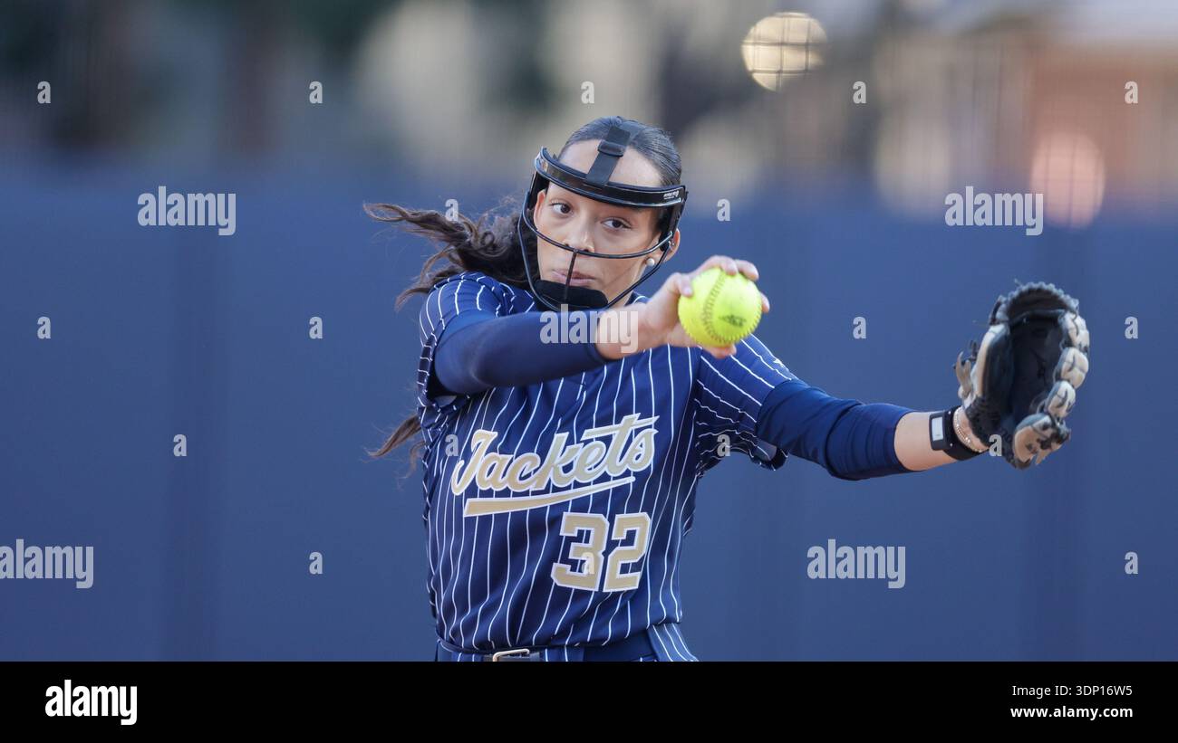 Georgia Tech's Tymber Harris (32) pitches during an NCAA softball game ...