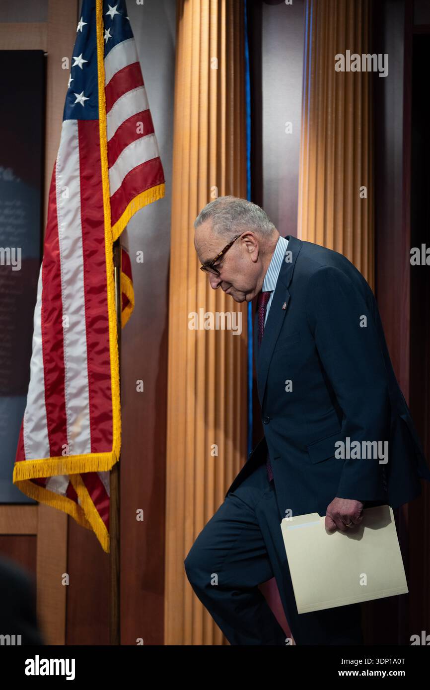 Sen. Chuck Schumer, D-N.Y., arrives to a news conference at the Capitol ...