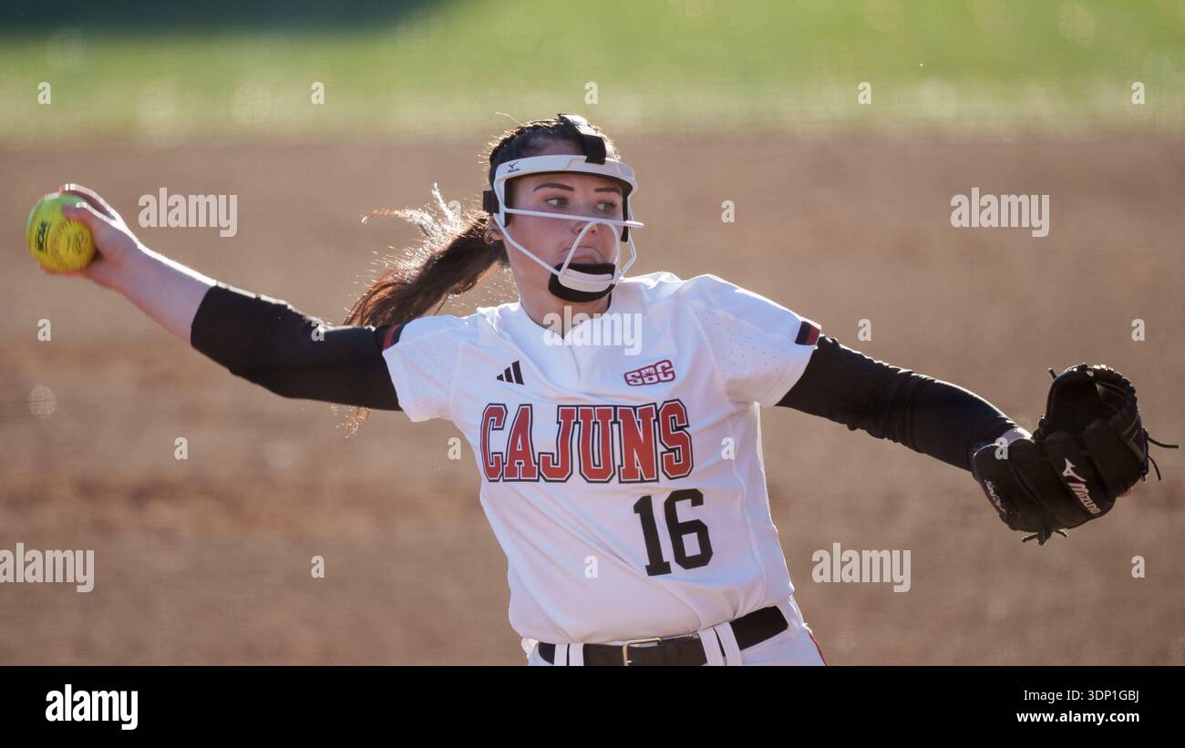 Louisiana starting pitcher Lexie Delbrey (16) throws during an NCAA ...
