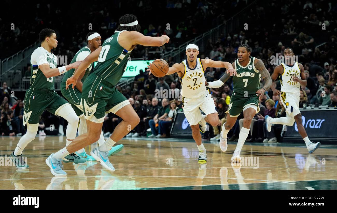 Indiana Pacers' Andrew Nembhard controls the ball against Milwaukee ...