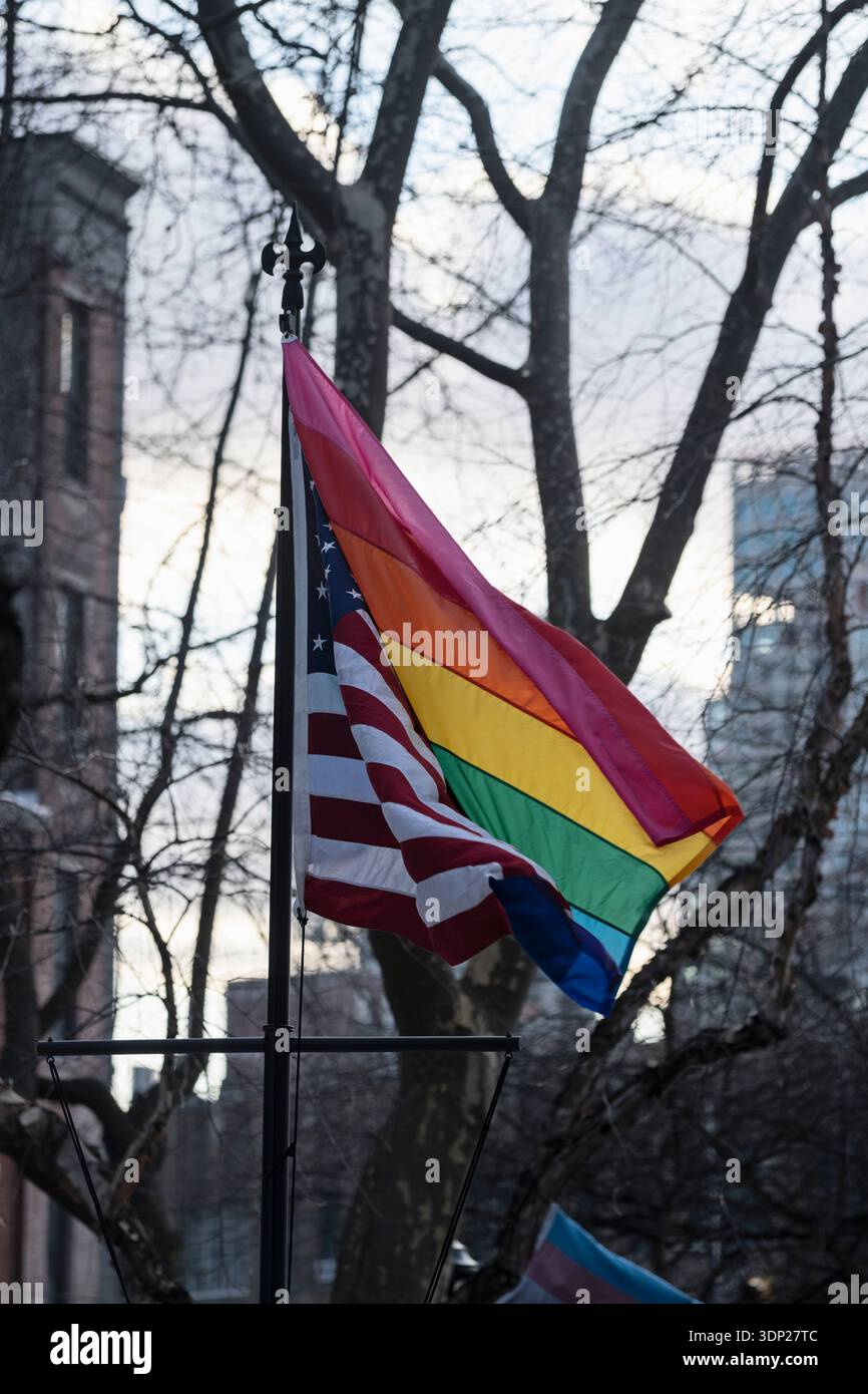 New York, New York, USA 12th Feb., 2026 U.S. and Pride flags flying at ...