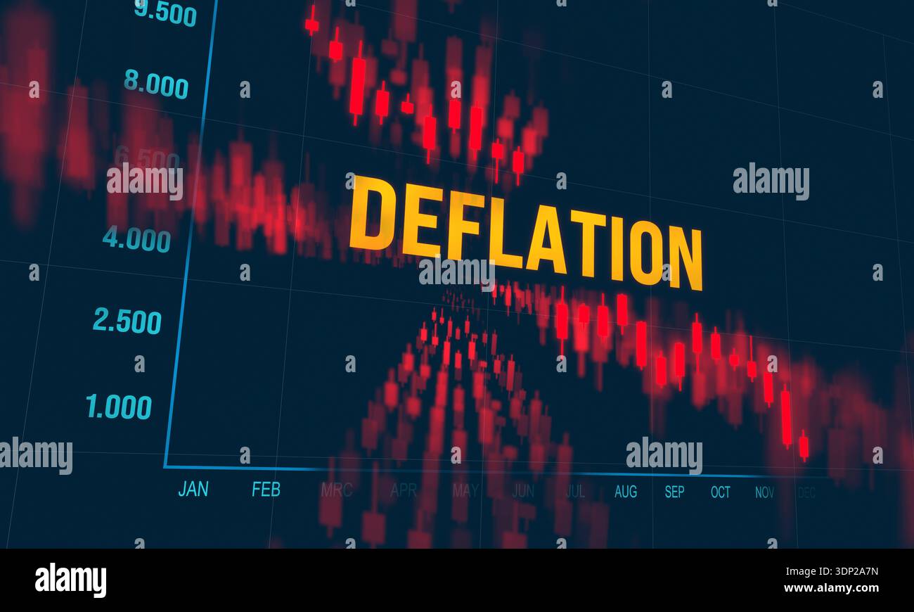 Deflation, abstract red chart moving down, economic depression ...