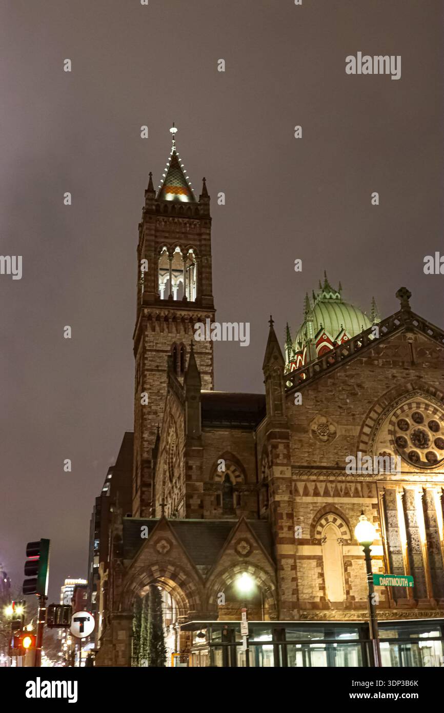 Historic Trinity Church with illuminated tower and dome at night in ...
