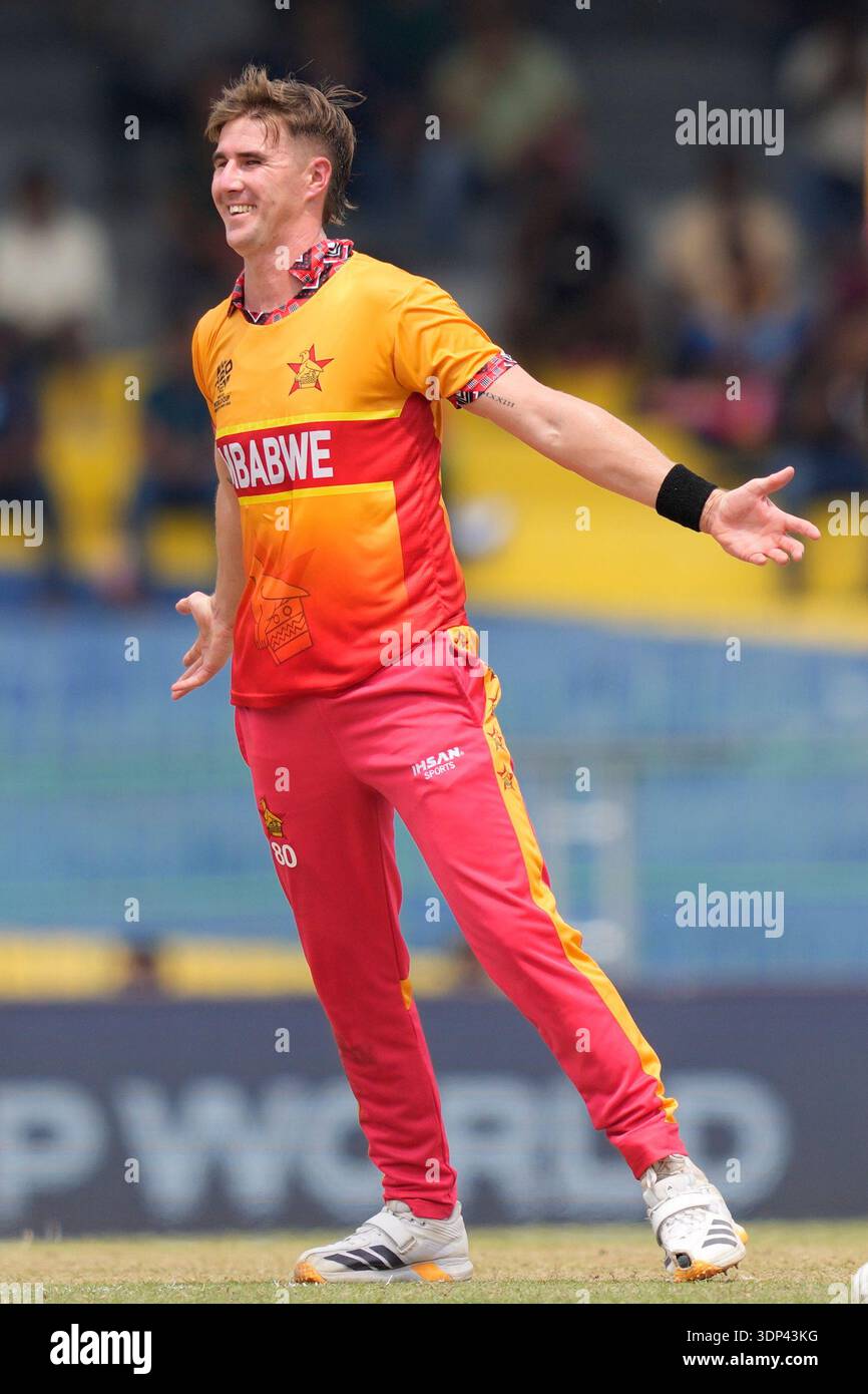 Zimbabwe's Bradley Evans celebrates the wicket of Australia's captain ...