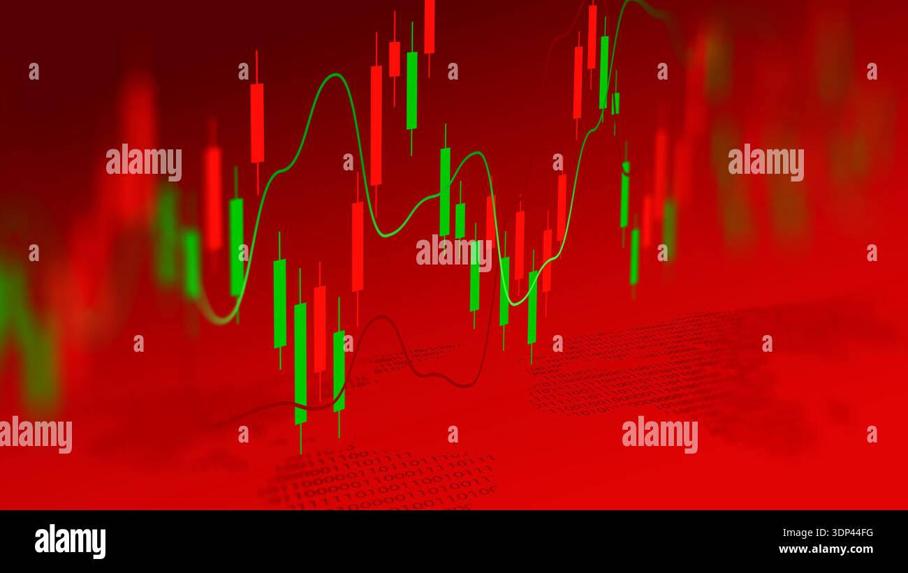 Stock market data shows green and red candlesticks on a red background ...