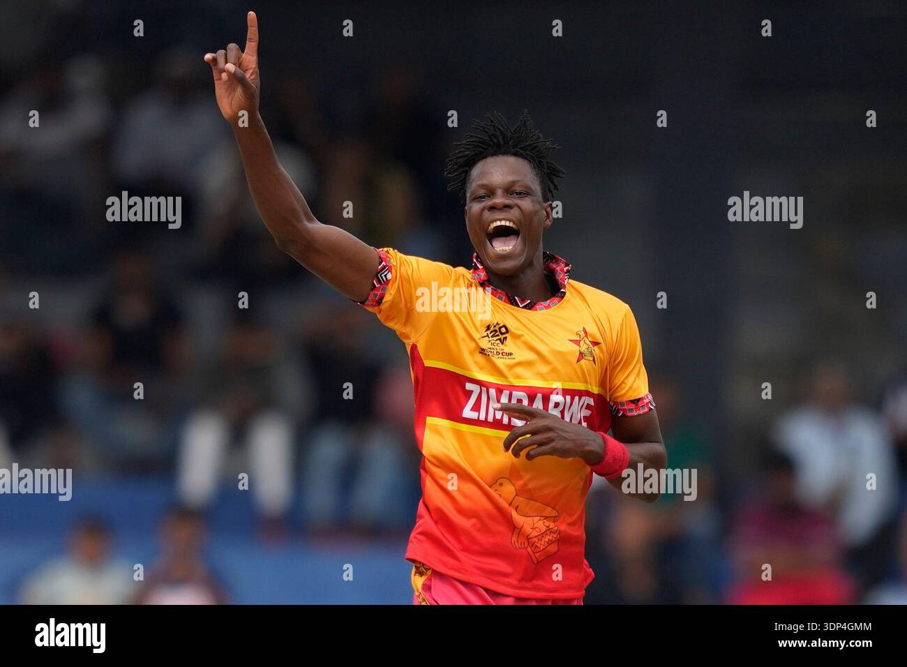 Zimbabwe's Blessing Muzarabani celebrates the wicket of Australia's ...