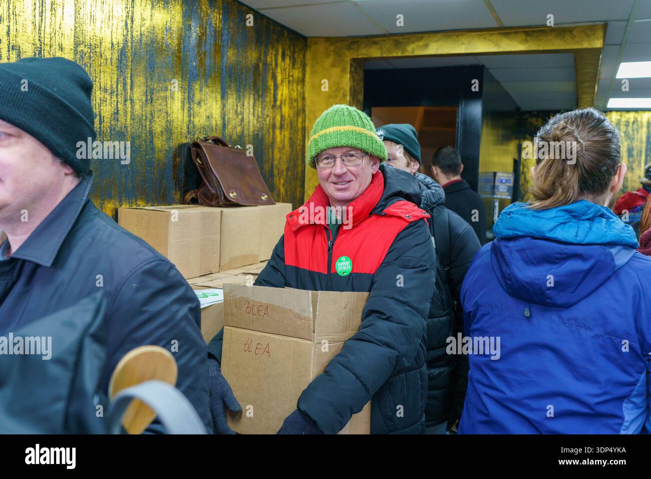 Manchester, UK, 13th Feb 2026: Supporters prepare to deliver leaflets ...