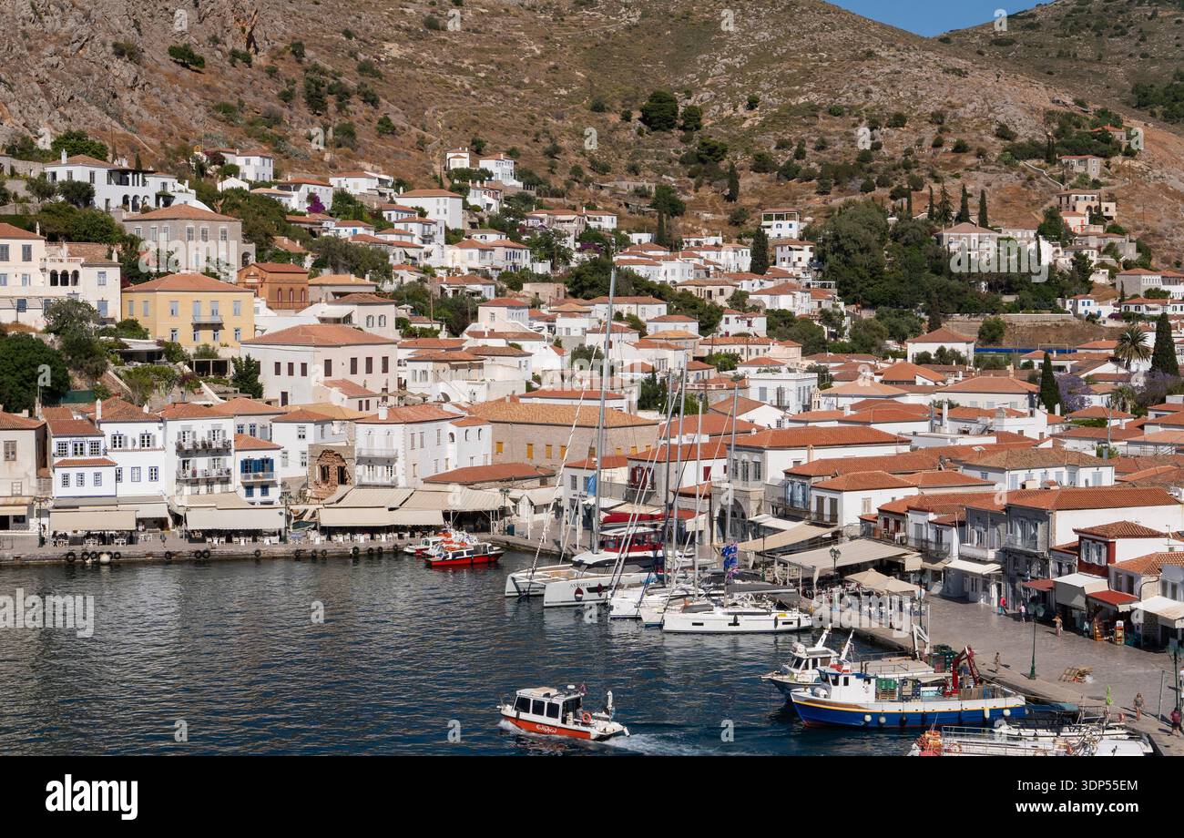 Harbor at Hydra Island, Aegean Sea, Saronic Islands, Greece Stock Photo ...