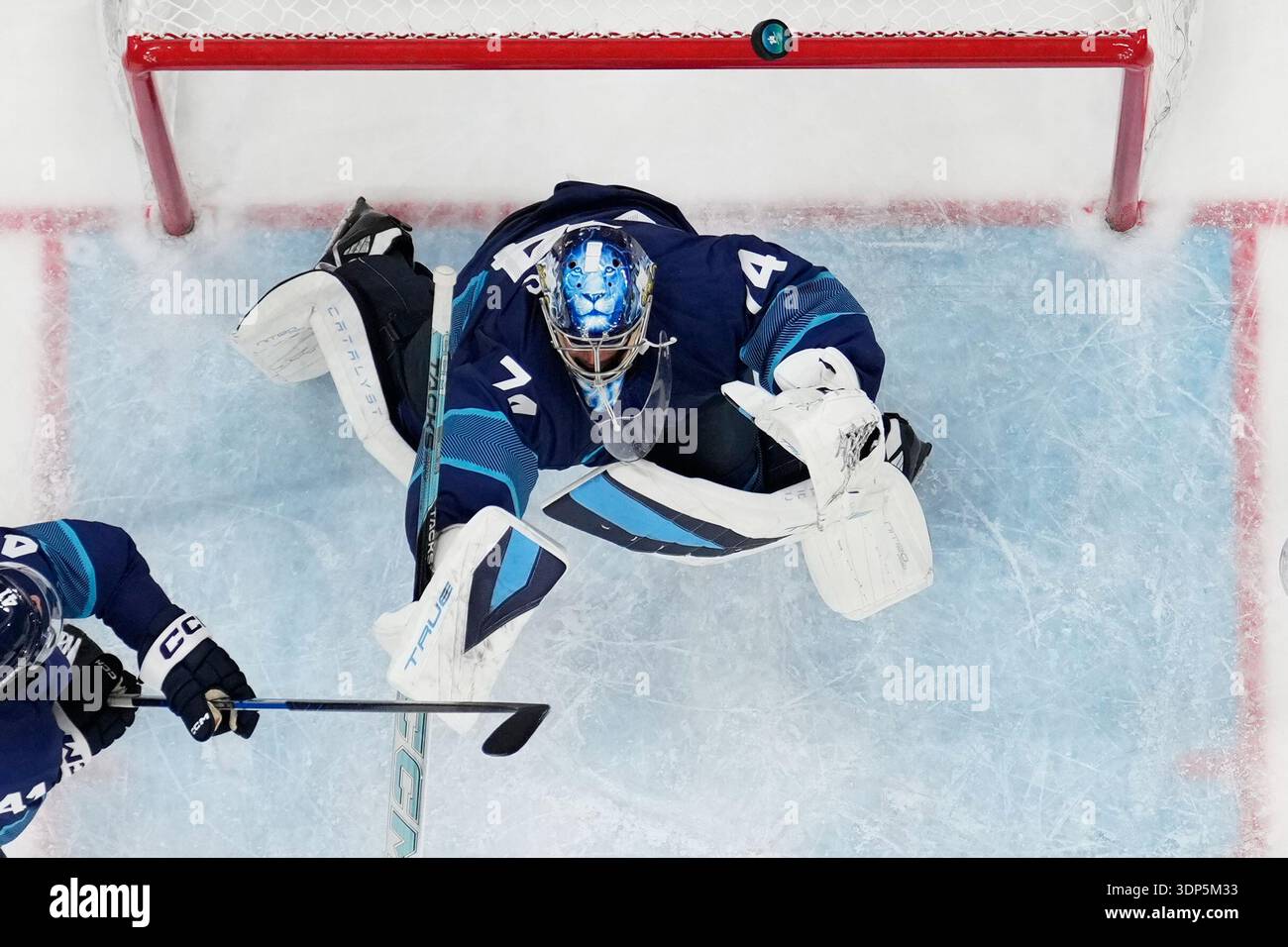 Finland's goalkeeper Juuse Saros makes a save during a preliminary ...