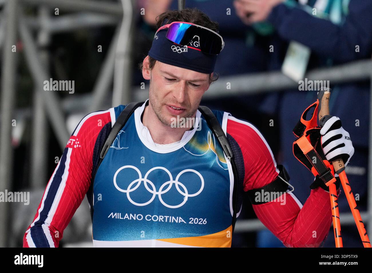 Sturla Holm Laegreid, of Norway, reacts in the finish area of the men's ...