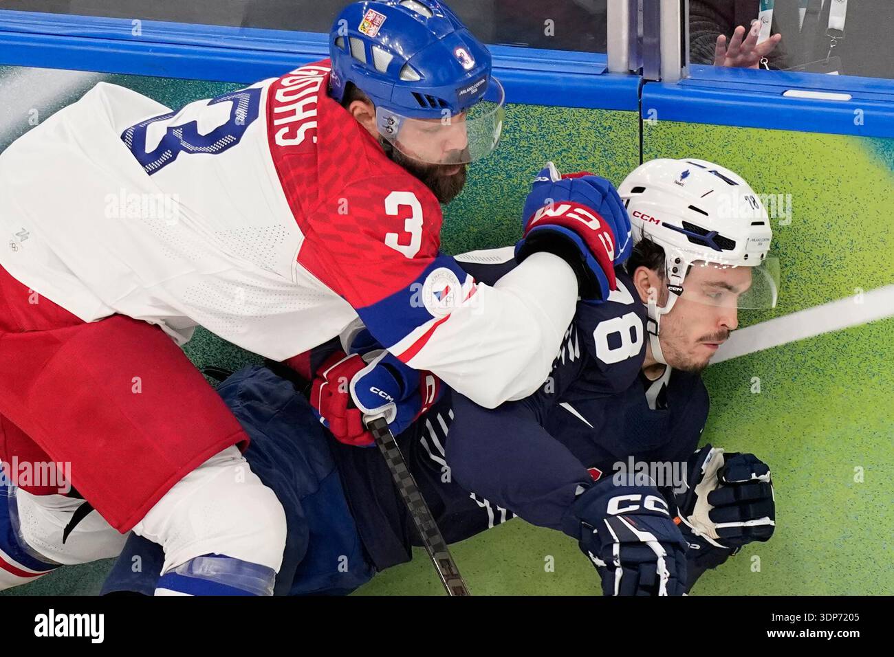 Czechia's Radko Gudas, left, challenges France's Dylan Fabre during a ...