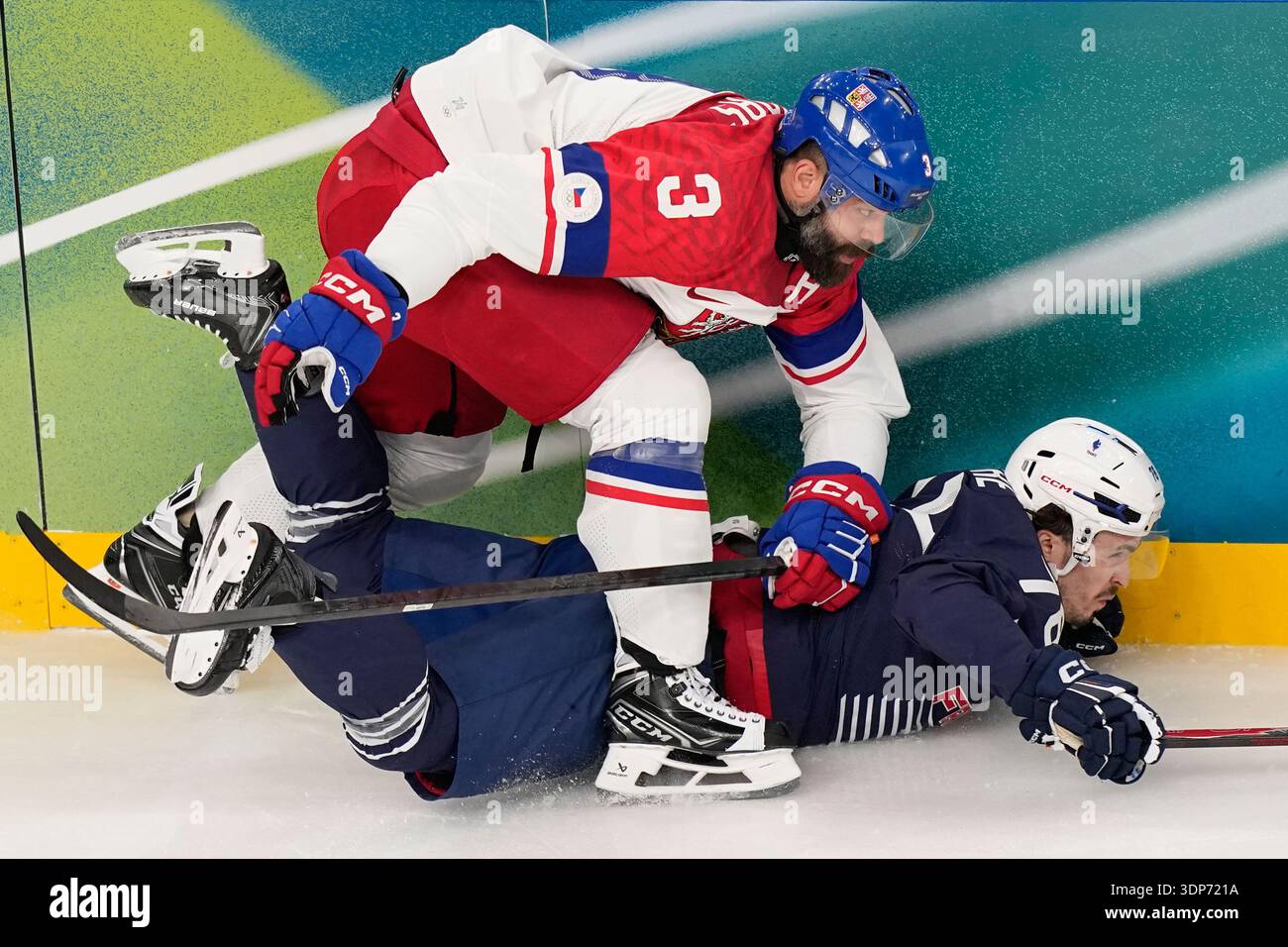 Czechia's Radko Gudas, left, challenges France's Dylan Fabre during a ...