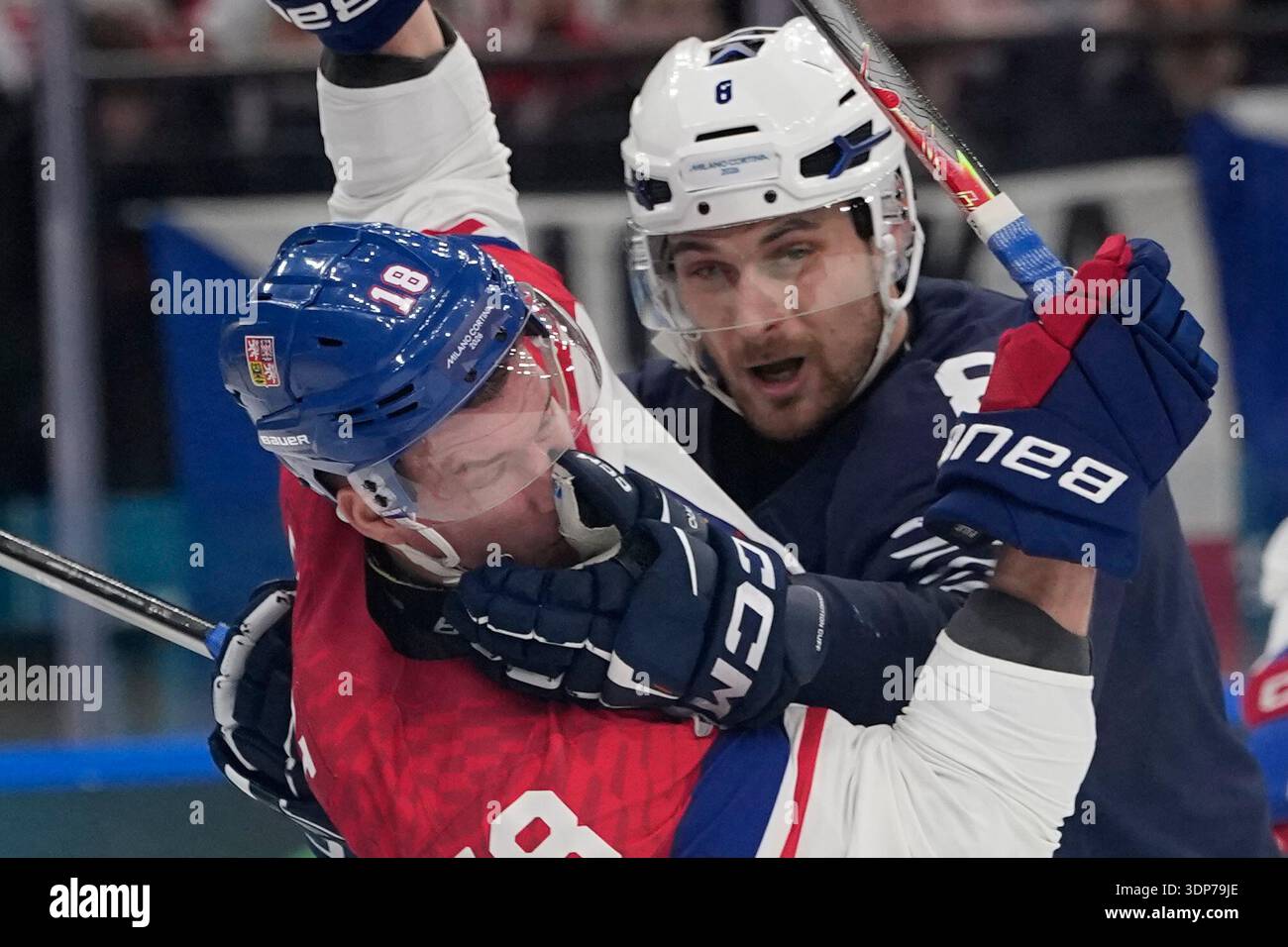 France's Hugo Gallet, right, challenges Czechia's Ondrej Palat during a ...