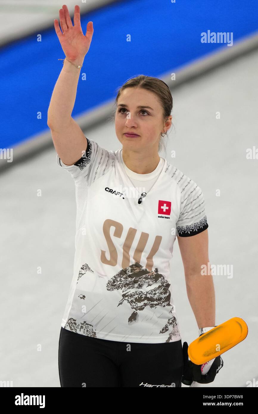 Switzerland's Selina Witschonke reacts after the women's curling round ...