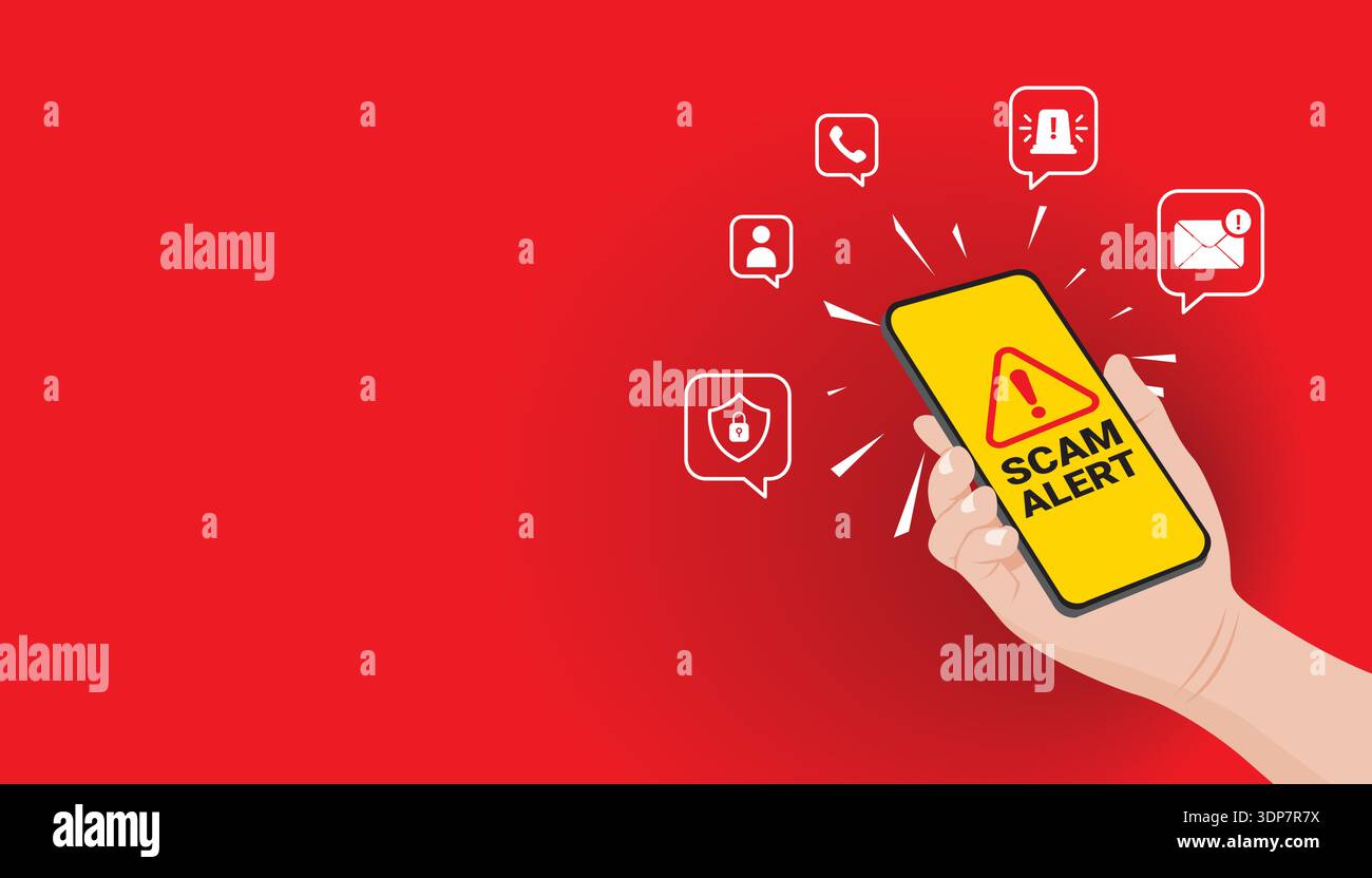 Hand holding phone with scam alert and floating communication icons ...