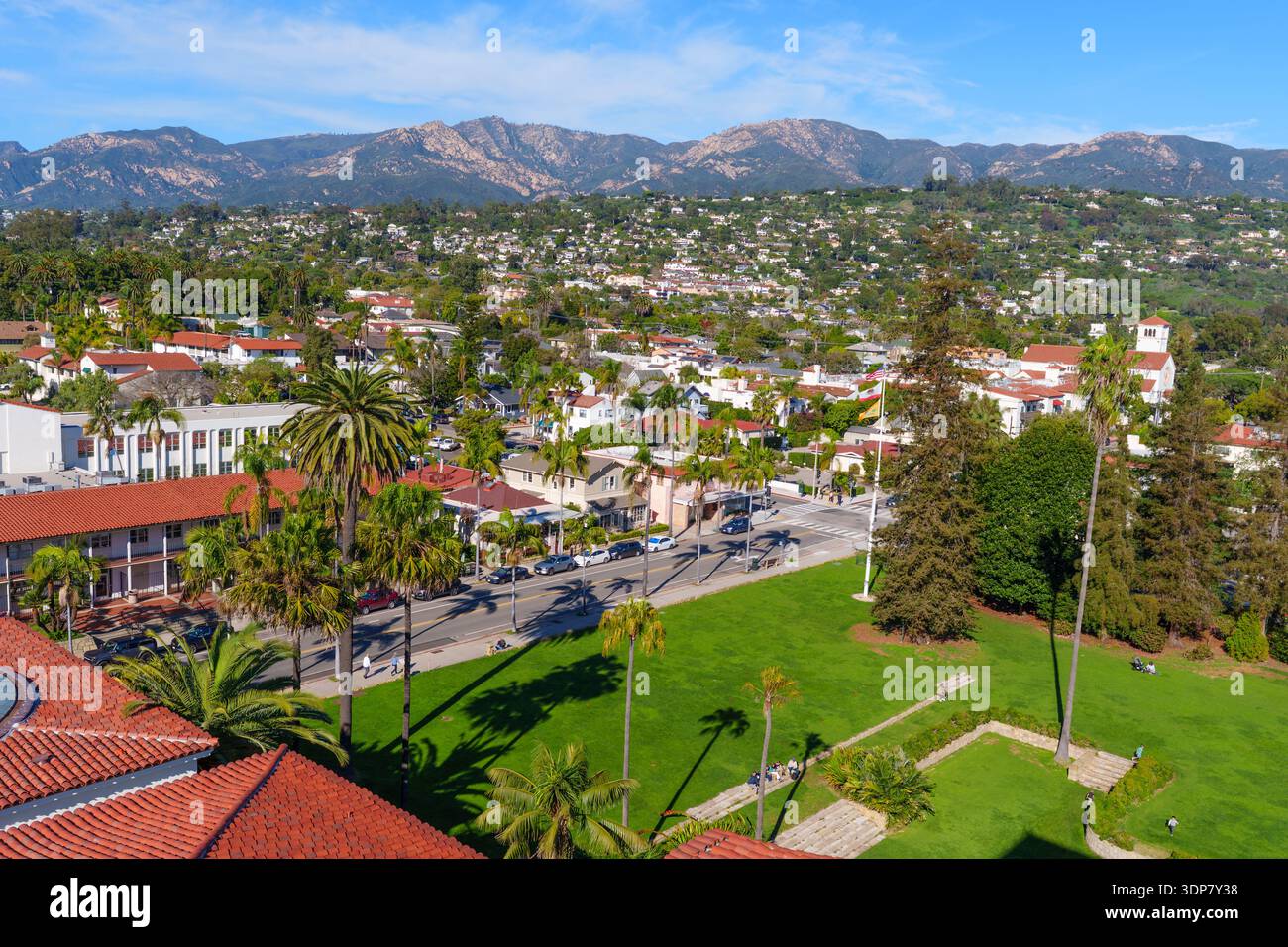 Elevated view of Santa Barbara's urban landscape, featuring Spanish ...