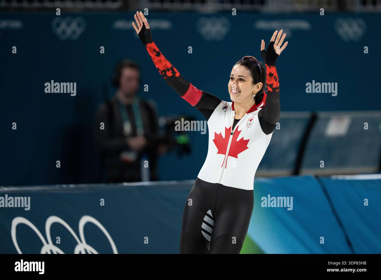 Beatrice Lamarche (14-O) of Canada celebrates during the Women’s 1000m ...
