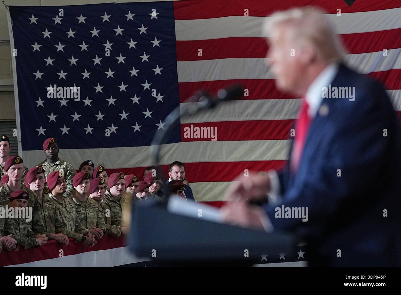 President Donald Trump speaks to soldiers and their families at Fort ...