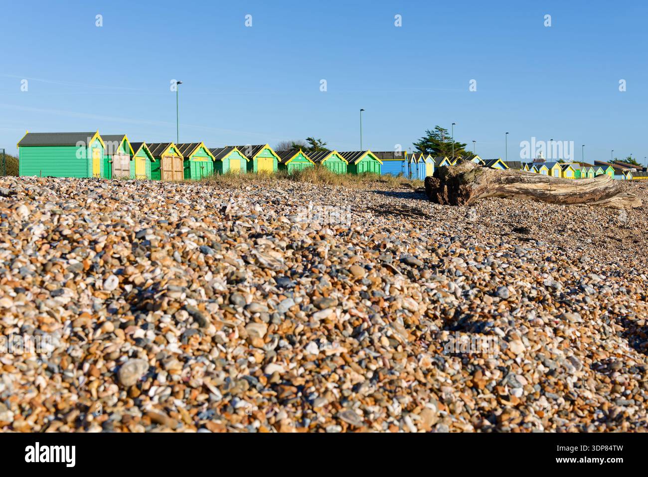 Driftwood and beach huts on a shingle beach in Littlehampton on the ...