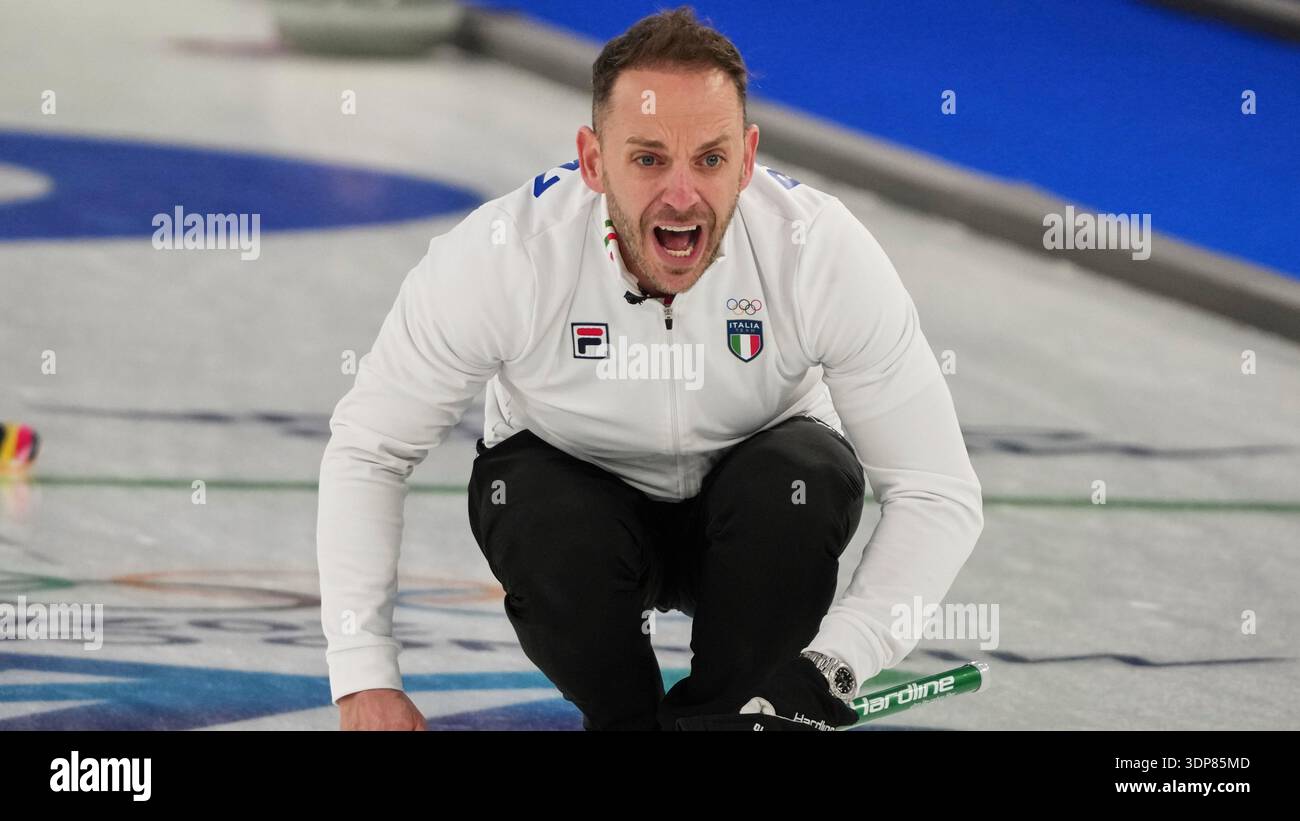 Italy's Joel Retornaz yells during the men's curling round robin ...