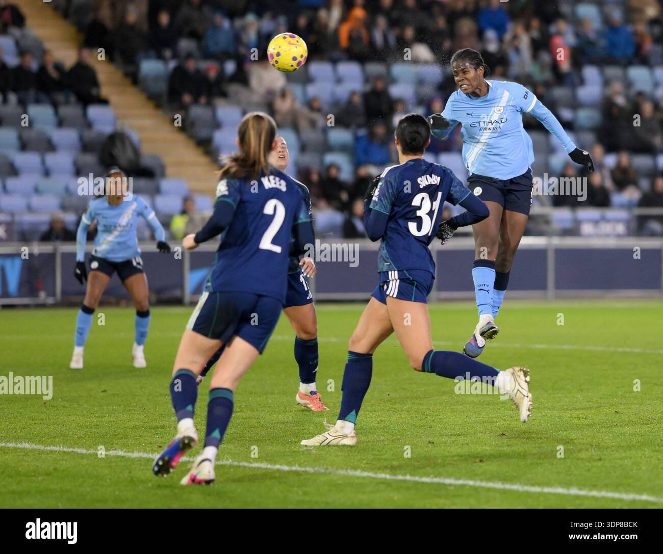 Manchester City's Khadija Shaw heads the ball during the Barclays Women ...
