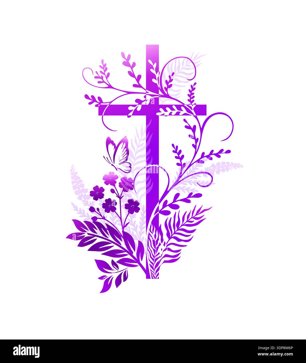 Religious violet cross with flowers. Hand drawn. Not AI, vector ...