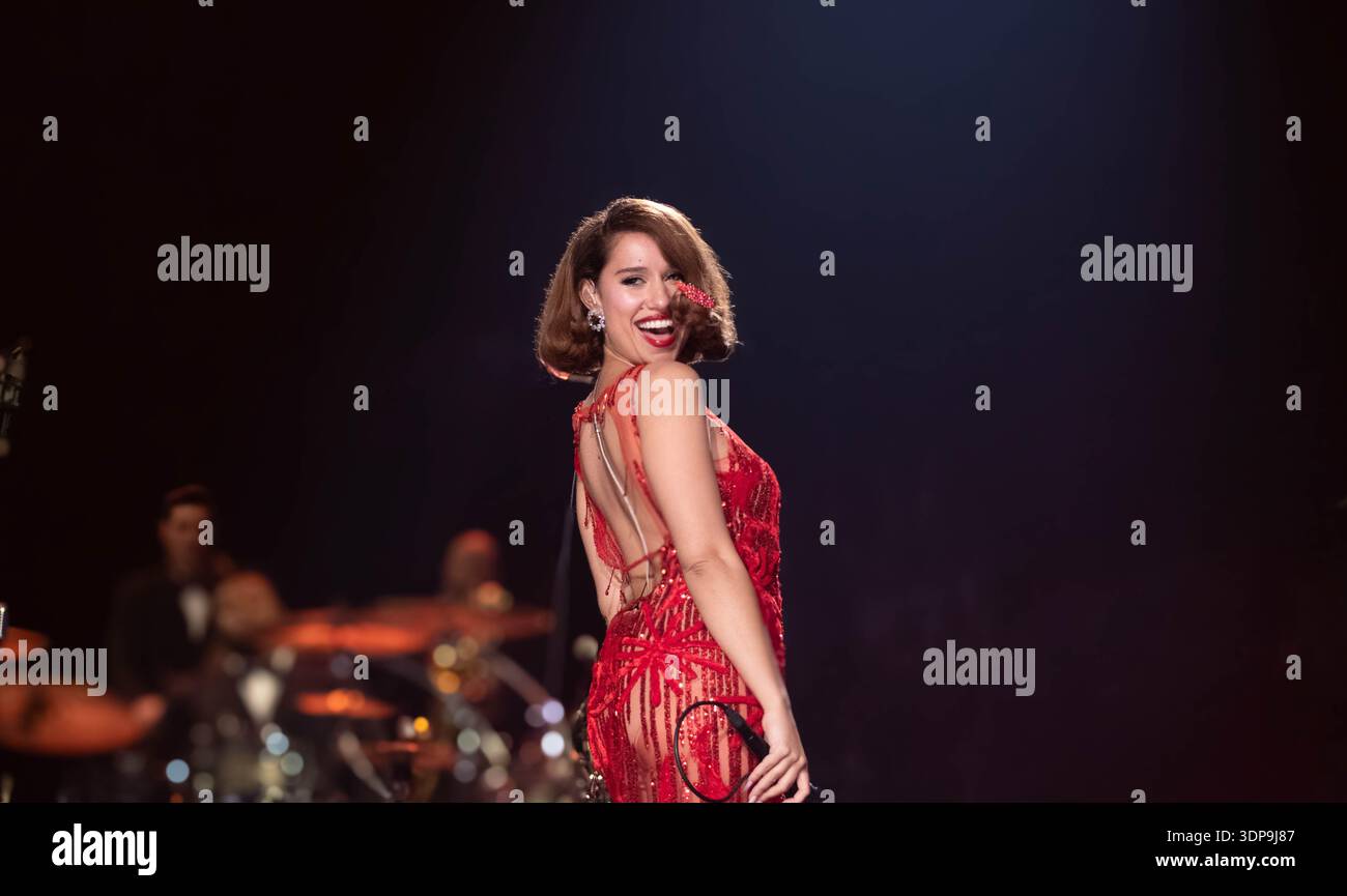 Raye pictured performing live on stage during a concert in Barcelona ...