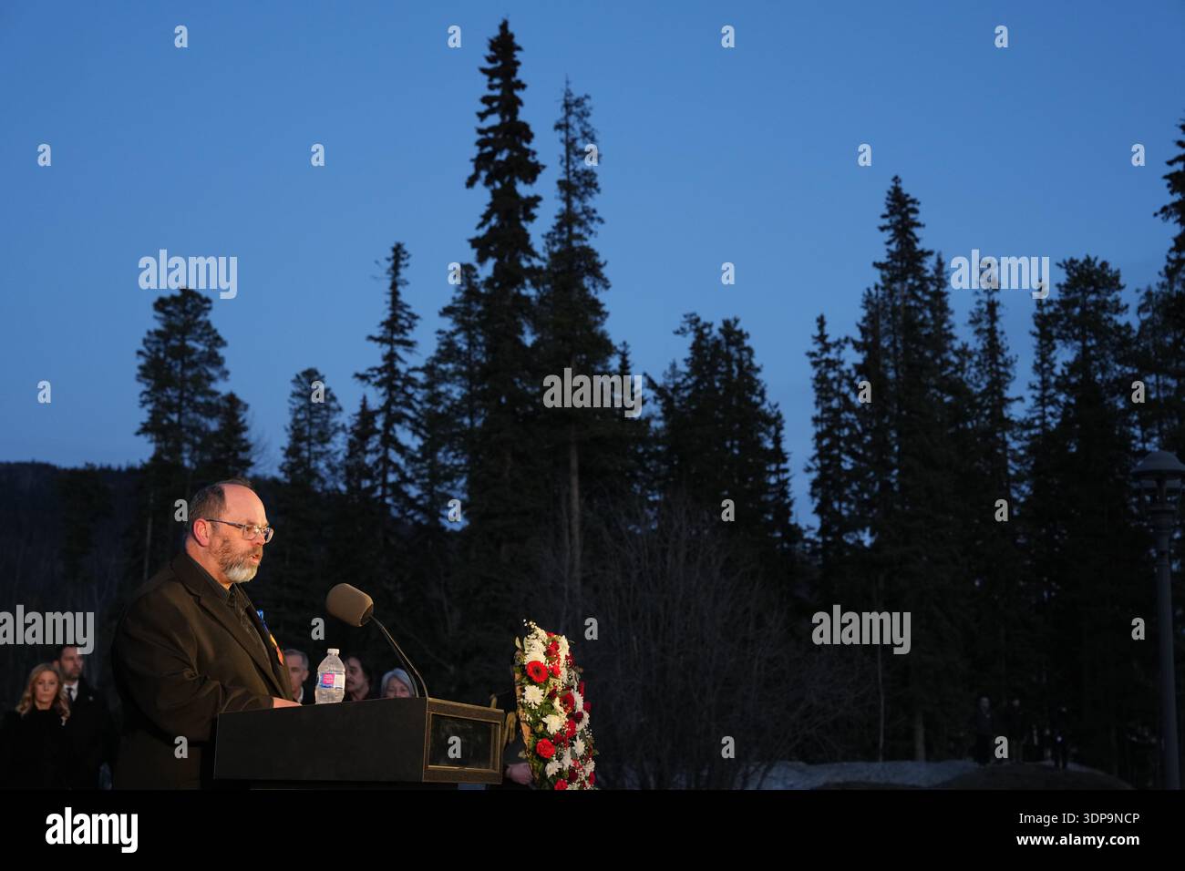 Mayor of Tumbler Ridge Darryl Krakowka speaks while attending a vigil ...