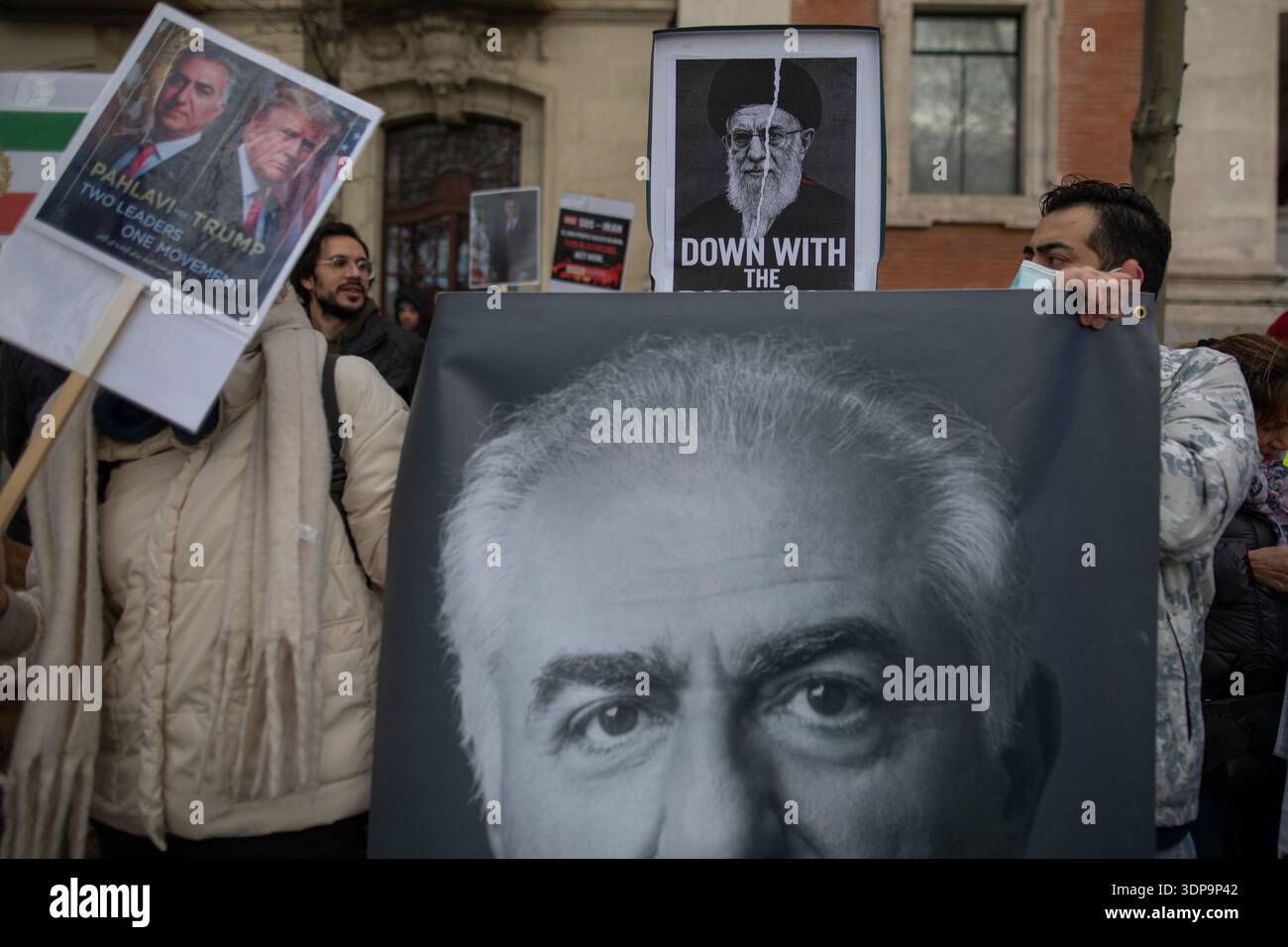 Madird, Spain. 13th Feb, 2026. A torn portrait of Ayatollah Khomeini is ...