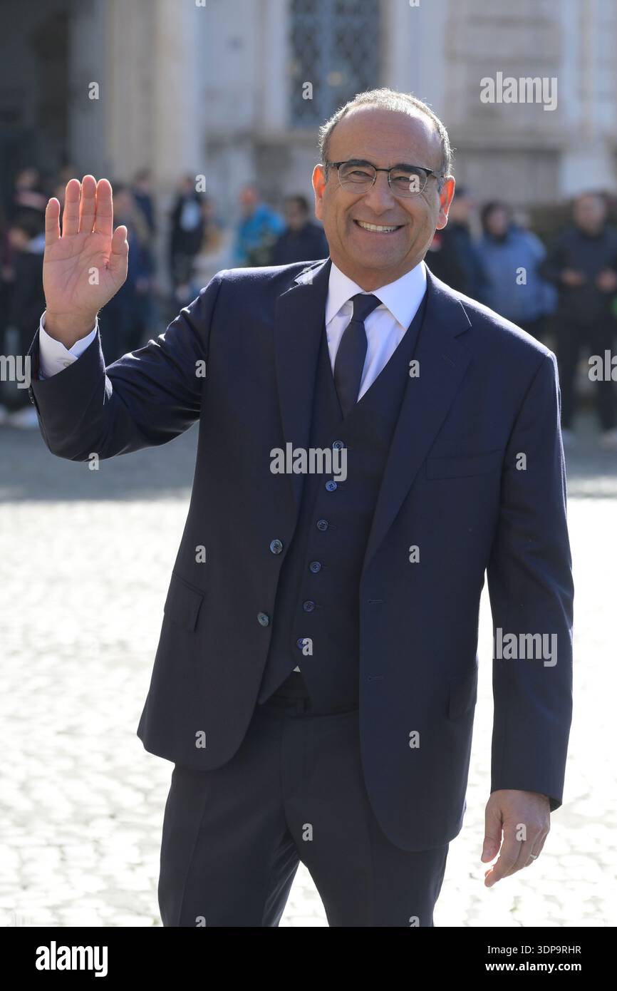 Carlo Conti arrives at the Quirinale to be received by the President of ...