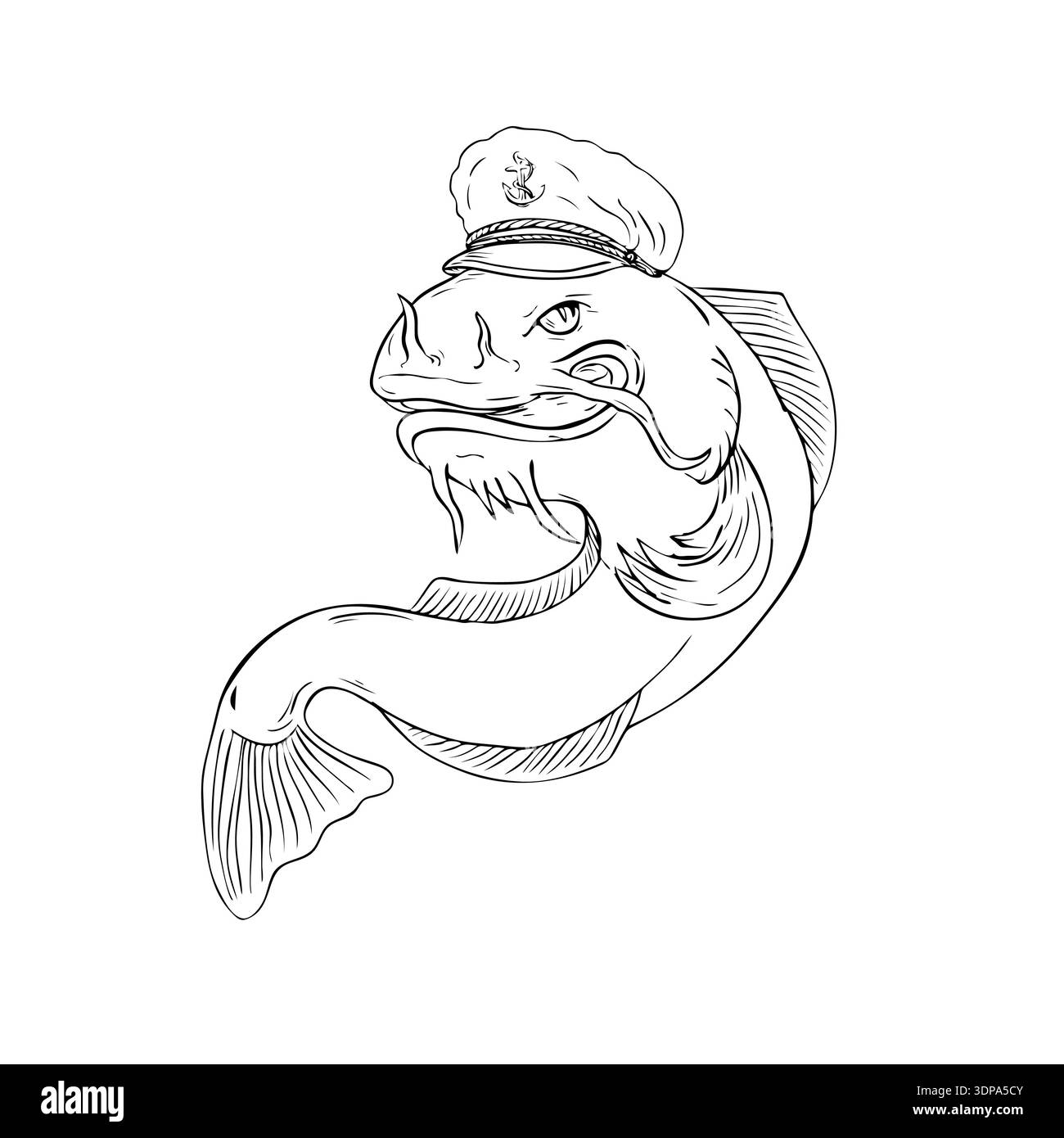 Black and White Drawing sketch style illustration of a catfish wearing ...