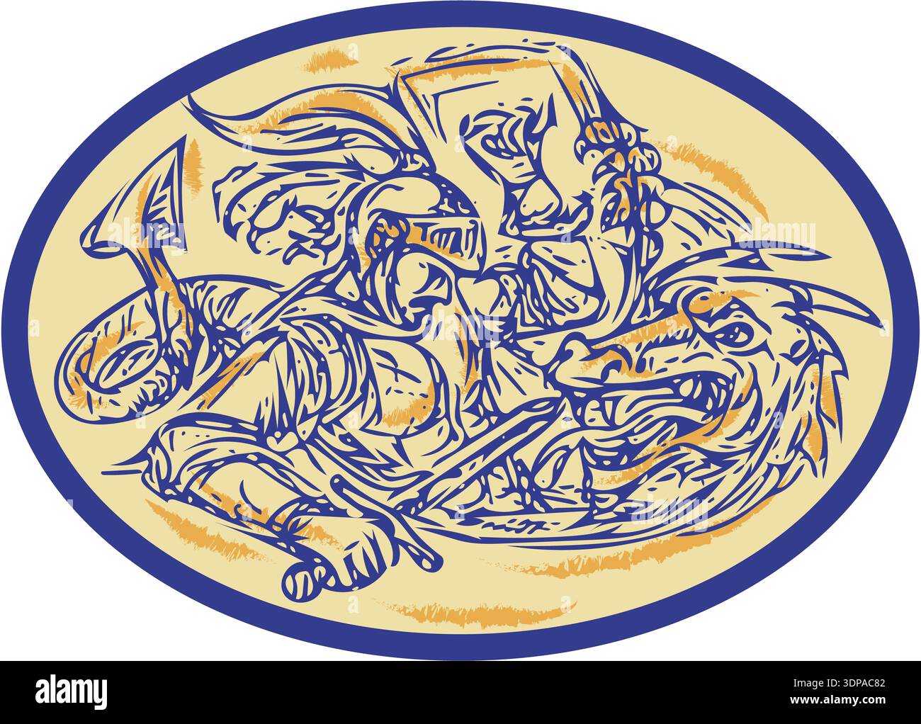 Drawing sketch style illustration of St George fighting dragon set ...