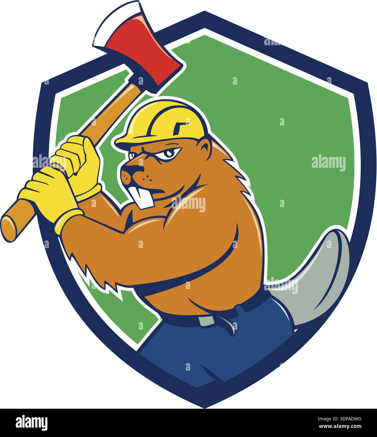 Illustration of a beaver lumberjack wearing hard hat wielding an ax set ...