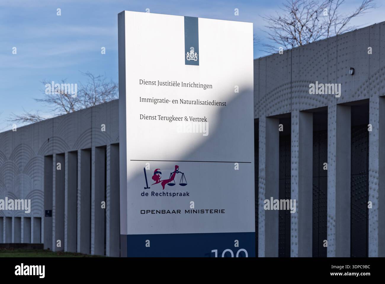 Entrance sign for Schiphol Judicial Complex showing logos for the ...
