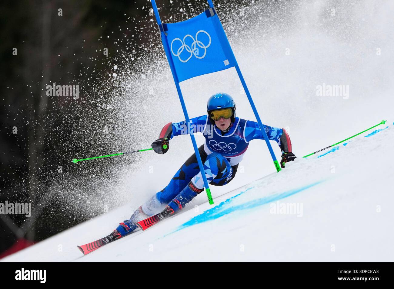 Estonia's Tormis Laine speeds down the course during an alpine ski, men ...