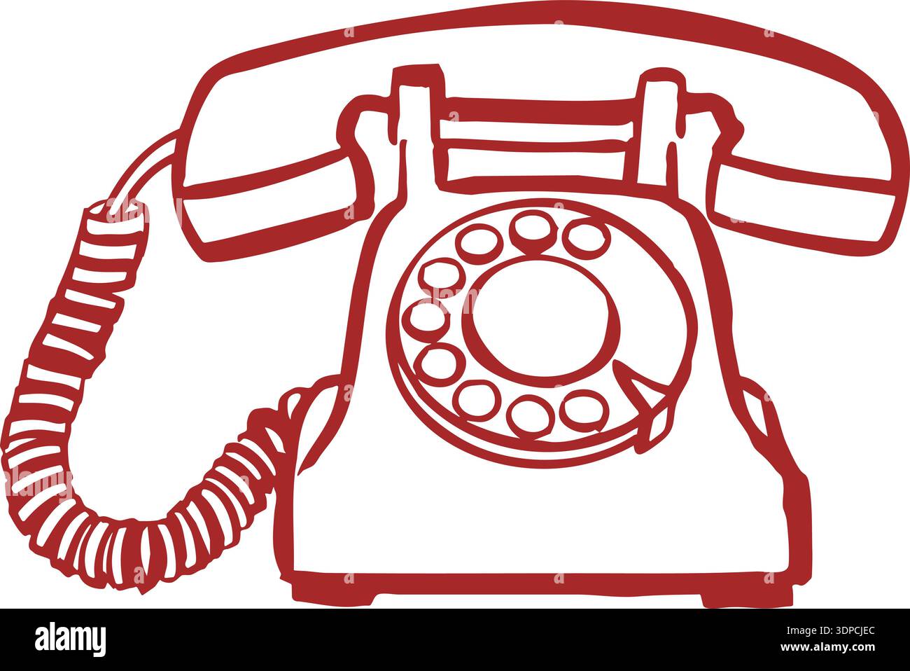 Red line drawing of a rotary dial telephone with handset and coiled ...