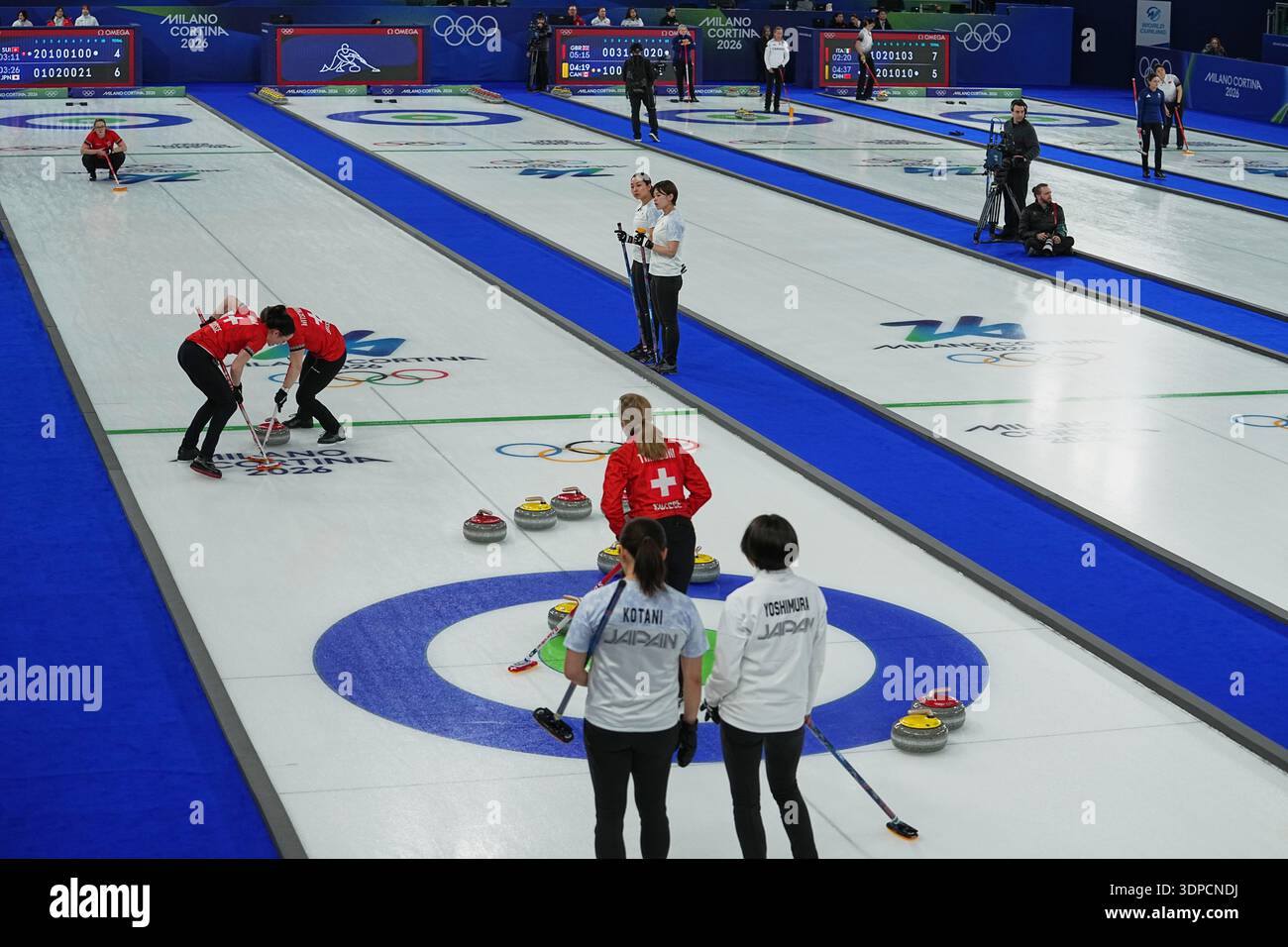 Athletes compete during the women's curling round robin session at the ...
